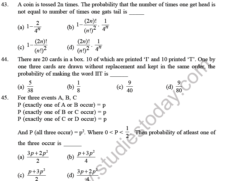 JEE Mathematics Probability MCQs Set A with Answers JEE Mathematics Probability MCQs Set A with Answers